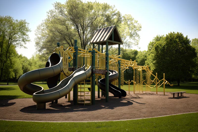 A Playground with Climbing Structures, Slides, and Swings in a Serene ...