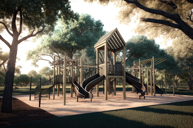 A Playground with Climbing Structures, Slides, and Swings in a Serene ...