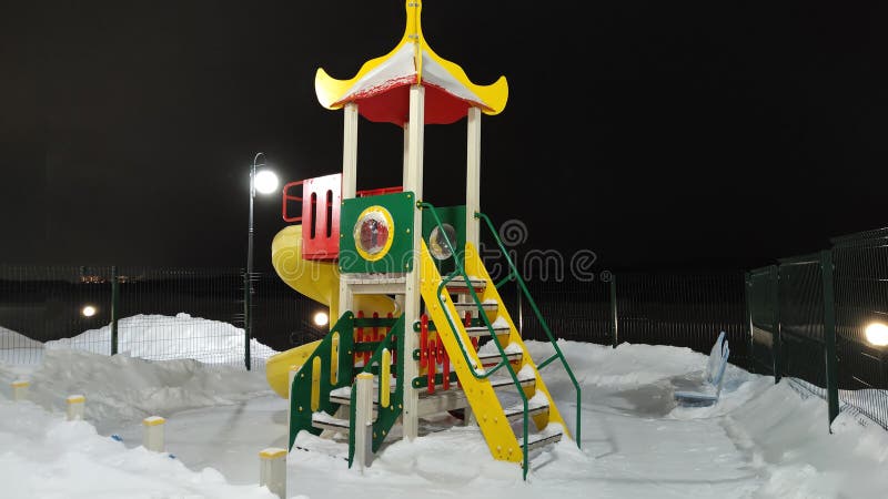 Playground in Cold Winter Night and Snow Arround Stock Photo - Image of ...