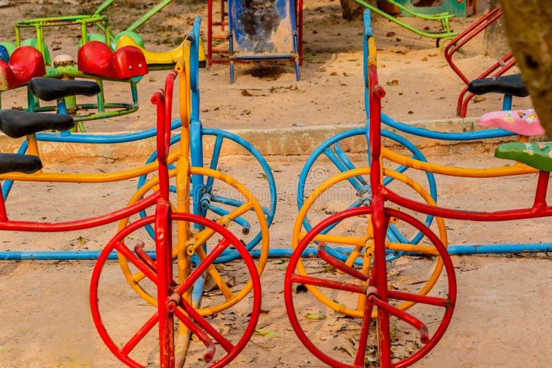Playground Exercise of Colorful Bicycle. Stock Image - Image of curly ...