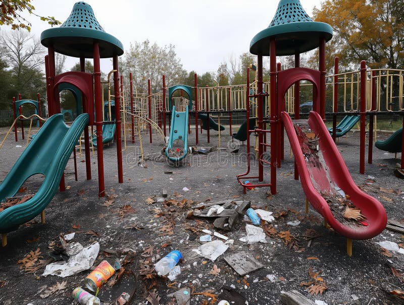 A Playground with a Lot of Trash and a Blue Bottle on the Ground Stock ...