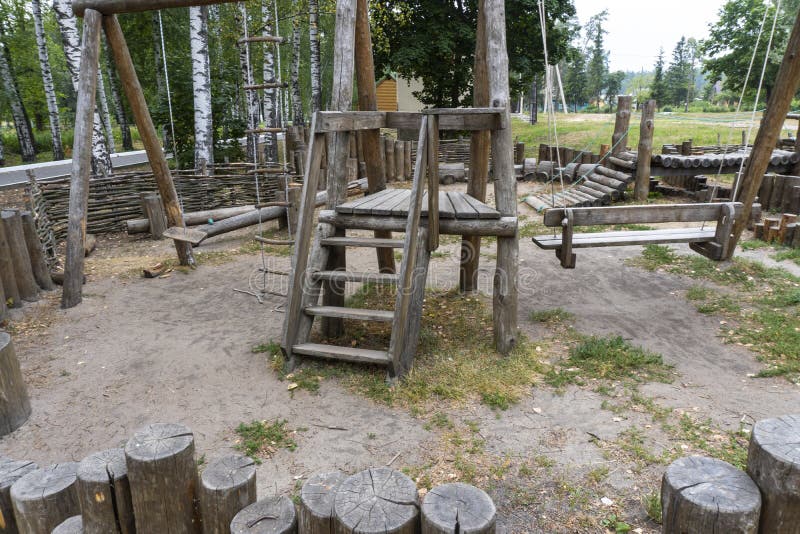 Playground, Made of Wood in the Forest Stock Photo - Image of nature ...