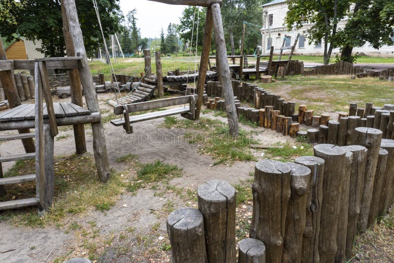 Playground, Made of Wood in the Forest Stock Photo - Image of trees ...