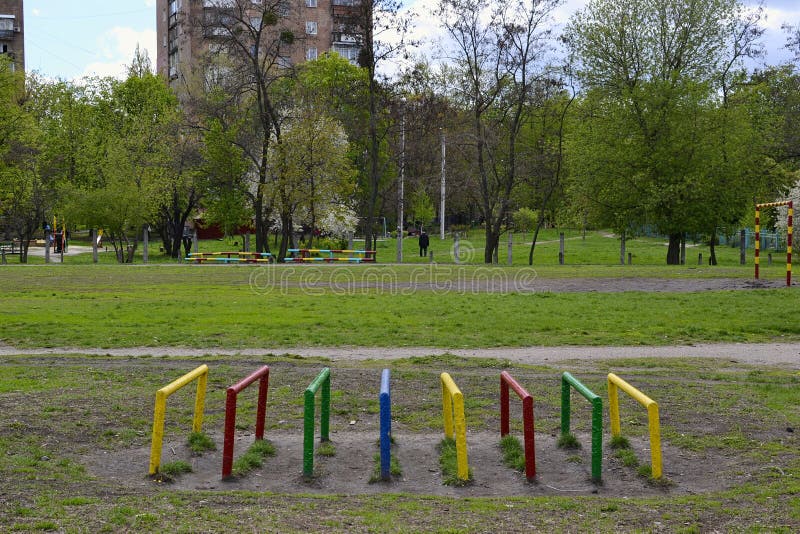 Playground in the Park with Green Trees in a Dormitory Area Stock Photo ...