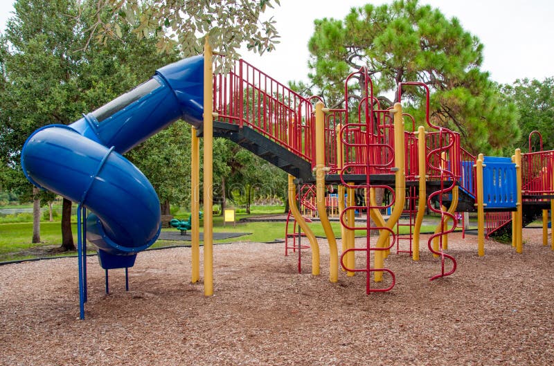 Blue And Yellow Play Equipment In A School Playground Stock Image ...