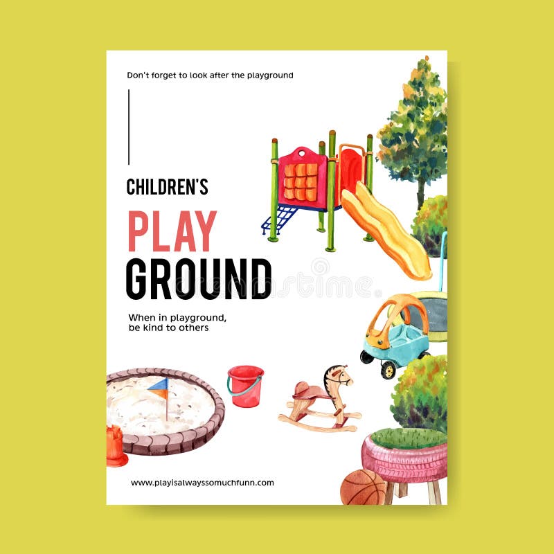 Playground Poster Design with Tree, Grass, Slide, Sandpit Watercolor ...