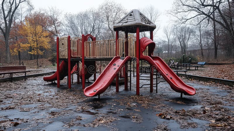 Playground with a Red Slide and a Red Swing Set Stock Image - Image of ...
