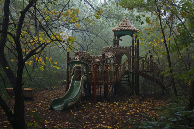 A Playground Situated Amidst a Dense Forest with Swings, Slides, and ...