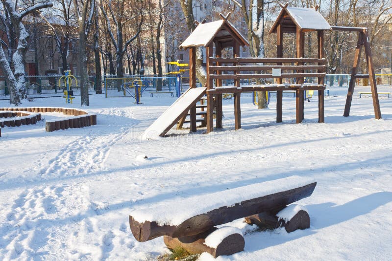 Playground in the Snow-covered Park on the Morning Stock Image - Image ...