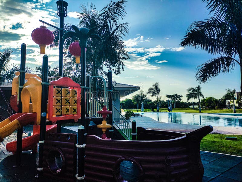 Playground and Swimming Pool in a Private Residential Area Stock Image ...