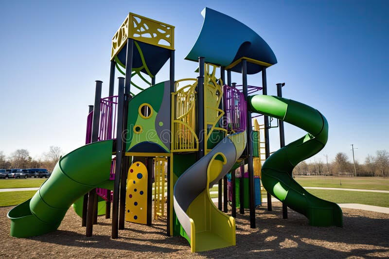 A Playground with a Tall Climbing Structure, Slides, and Monkey Bars ...