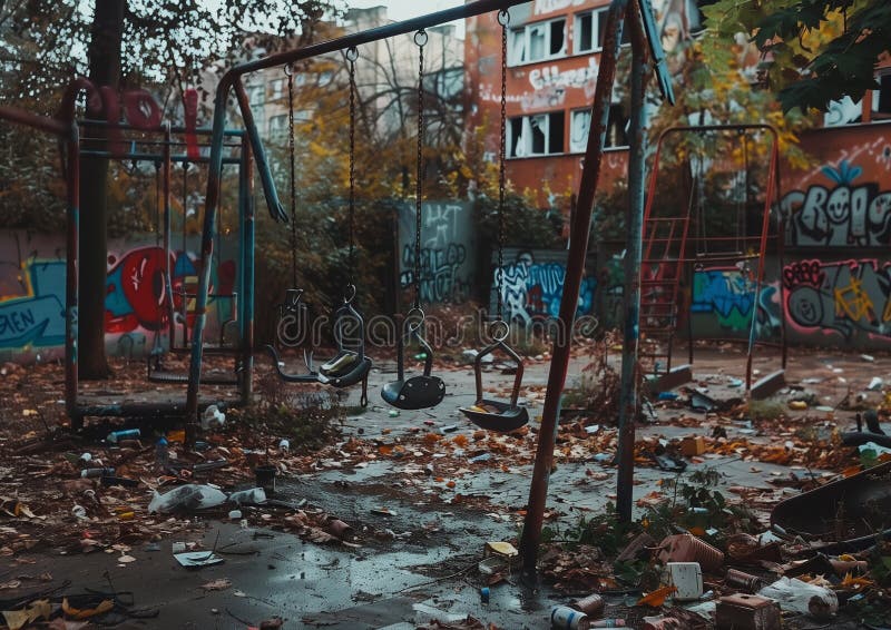 Playground and Trash. Sad Scene of a Destroyed Playground Drowning in ...