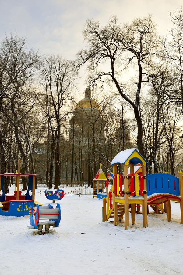 Playground in Winter on a Background of St. Isaac S Cathedral Stock ...