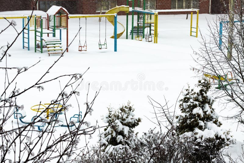 Playground in winter stock image. Image of season, childhood - 123474937