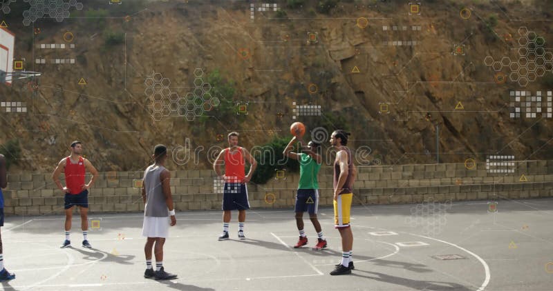 Playing Basketball on Outdoor Court, Data Processing Animation Over ...