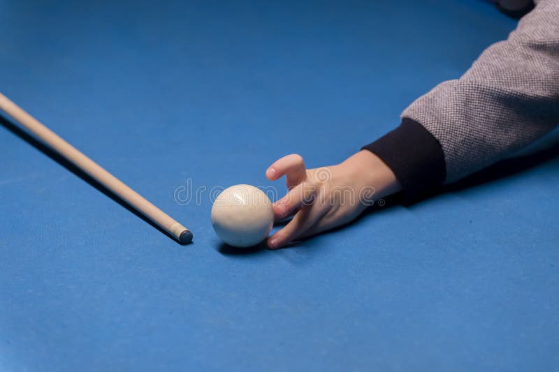 Playing Billiard. Billiards Balls and Cue on Blue Billiards Tabl Stock ...