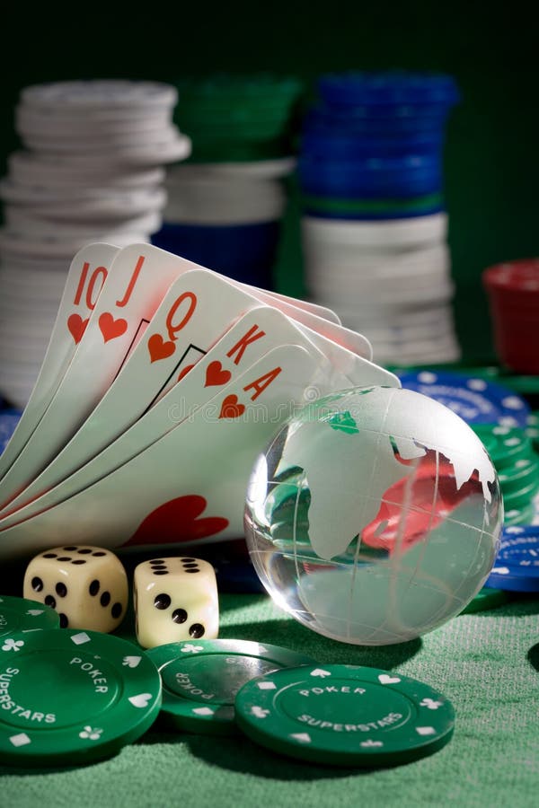 Playing Card Chips, Dice, and Globe Stock Image - Image of cloth, dice ...