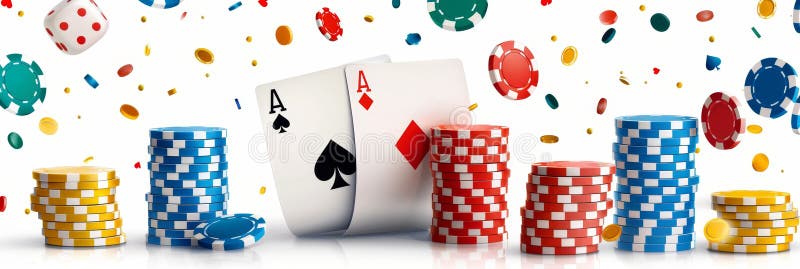 Playing Cards, Dice, and Stacks of Casino Chips with Falling Confetti ...