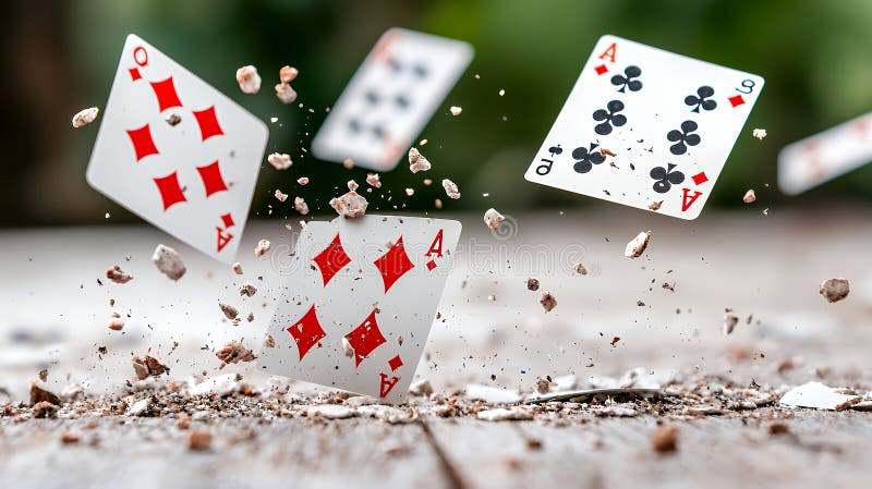Playing Cards Falling with Stone Explosion on Wooden Surface Blurred ...