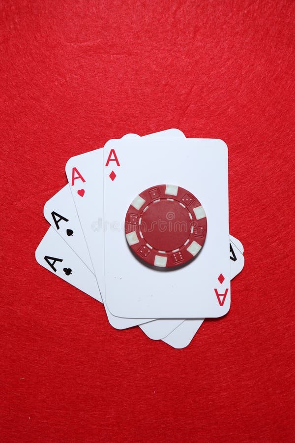 Playing Cards and Poker Chip on Red Table, Top View Stock Photo - Image ...