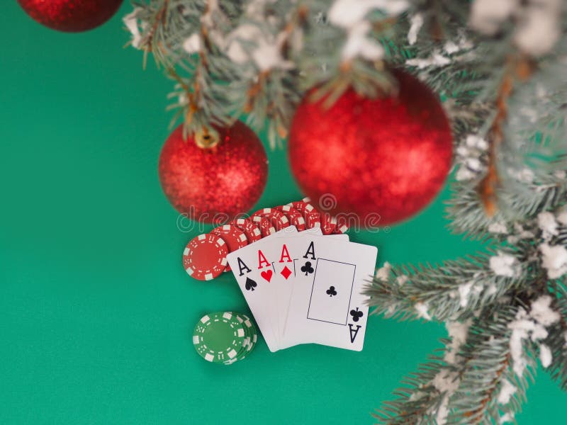 Playing Cards and Poker Chips Near a Christmas Tree Stock Image - Image ...
