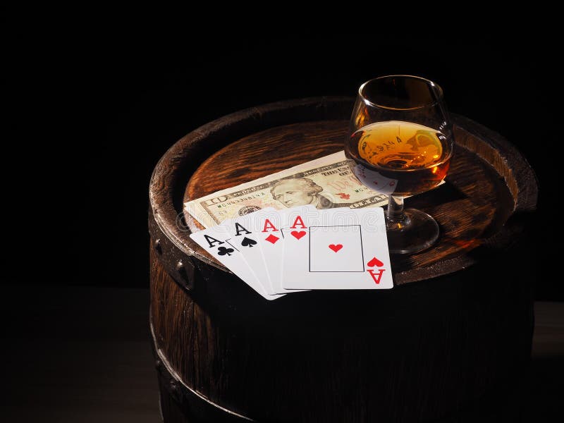 Playing Cards and Wine Glass of Cognac on Barrel Stock Image - Image of ...