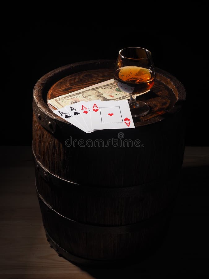 Playing Cards and Wine Glass of Cognac on Barrel Stock Image - Image of ...