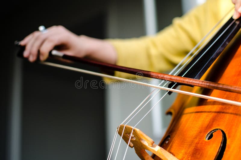 Female Hand Holding Bow while Playing Cello Close-up Stock Photo ...