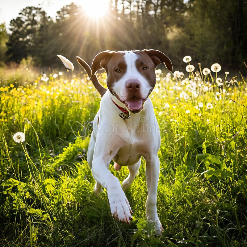 Pitbull Pointer Mixplaying Fetch in a Sunlit Meadow with Dandelions and ...