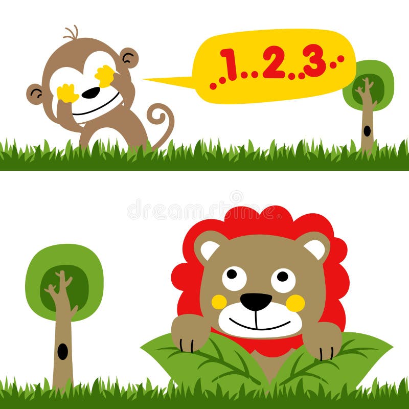 Playing Hide and Seek in Jungle with Monkey and Lion, Vector Cartoon ...