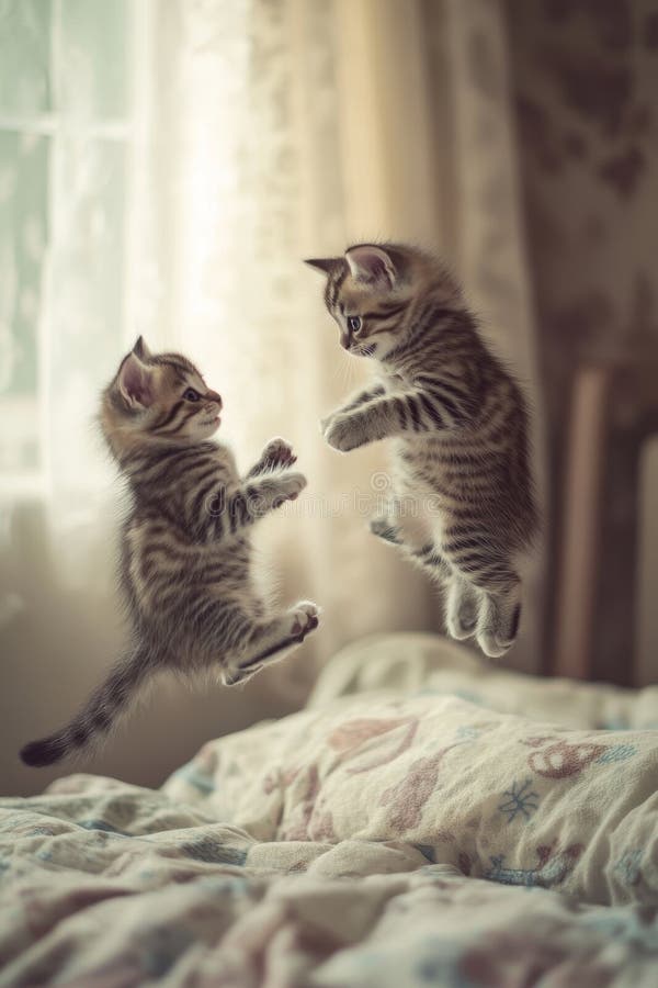 Playing Kittens on a Bed. Active Baby Cats Stock Photo - Image of shocking, generated: 358187886
