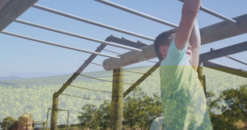 Playing on Monkey Bars, Boy with Animation of Scenic Trees and Fields ...