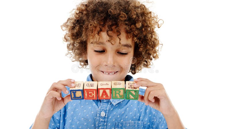 Playing, Studio and Face of Kid with Building Blocks for Learning ...