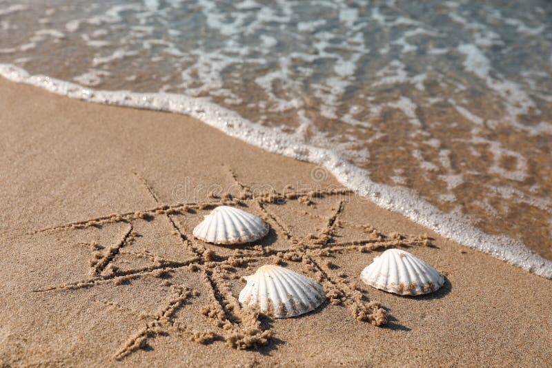 Playing Tic Tac Toe Game with Shells on Sand Near Sea Stock Photo ...