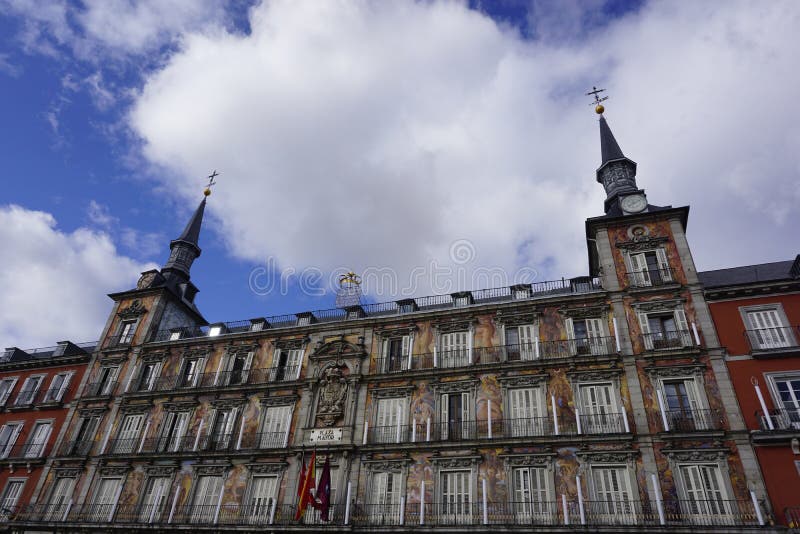 Plaza Mayor Interior Facade in Madrid Under a Cloudy Sky Stock Image ...