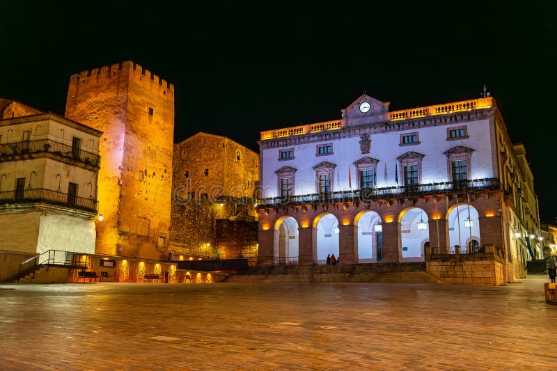Plaza Mayor with the Town Hall in the Medieval Town of Caceres, Spain ...