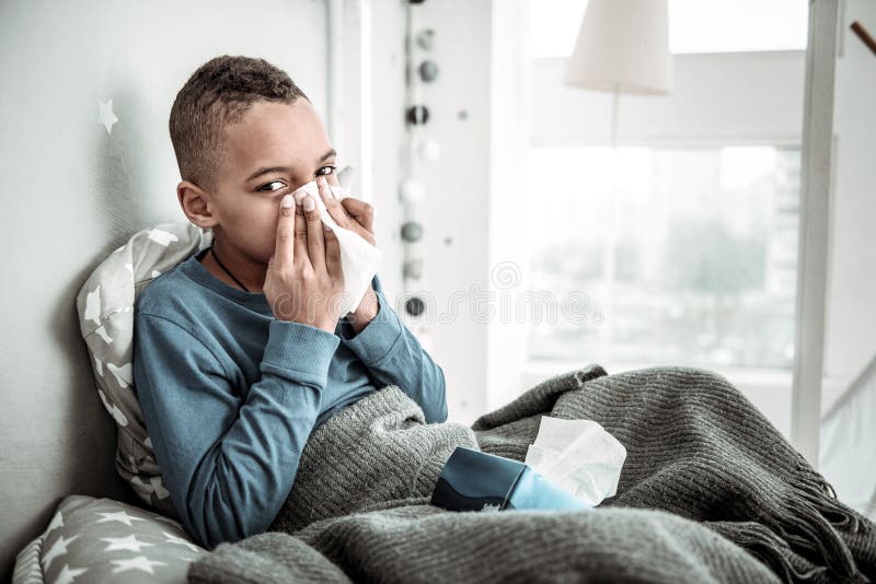 Pleasant Cute Boy Holding a Paper Tissue Stock Photo - Image of problem ...