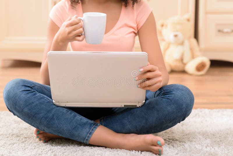 Pleasant Girl Working on Computer Stock Photo - Image of happiness ...