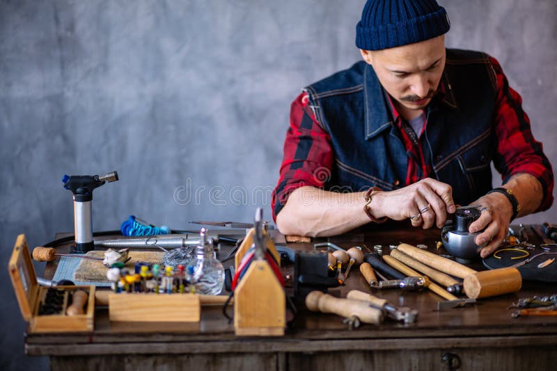 Pleasant Goldsmith Working at Home Stock Image - Image of close ...