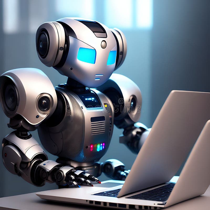 Pleasant Humanoid Works at the Computer. Generative AI. Stock ...