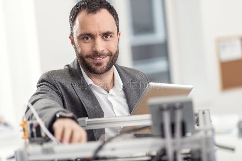 Pleasant Man Posing while Solving Problems with 3D Printer Stock Image ...