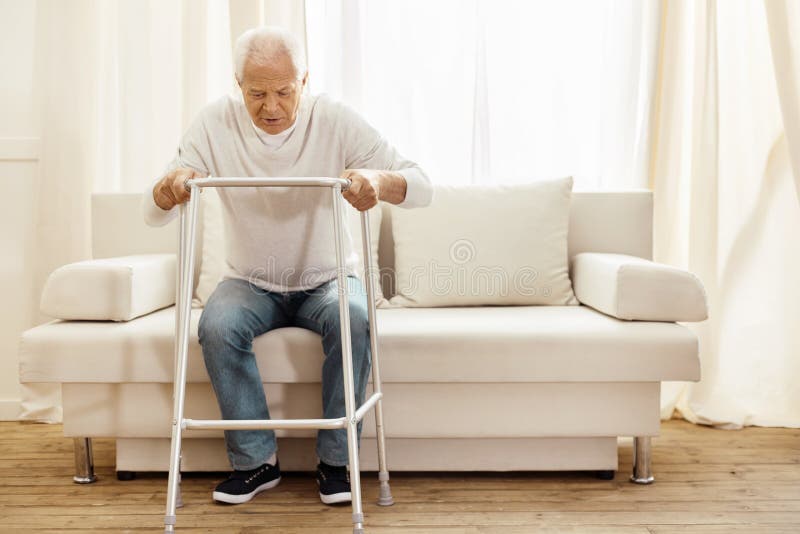 Pleasant Senior Man Leaning on the Walker Stock Image - Image of ...