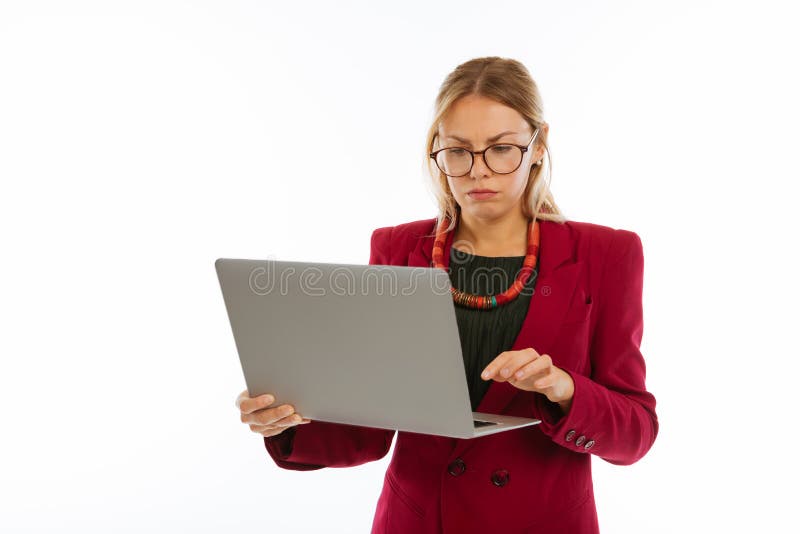 Pleasant Smart Woman Pressing a Button on the Laptop Stock Image ...