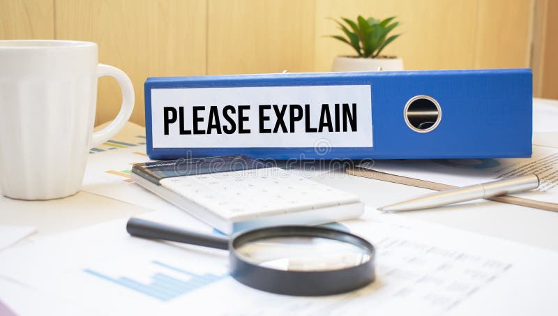PLEASE EXPLAIN Words on Labels with Document Binders Stock Image ...