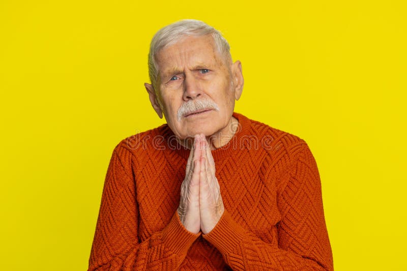 Senior Old Man Praying Making Wish, Asking Hopeful Help, Begging ...