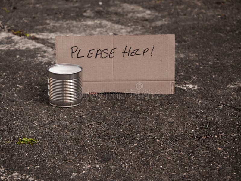 Please Help Sign with Tin Can for Money Donations Stock Photo - Image ...