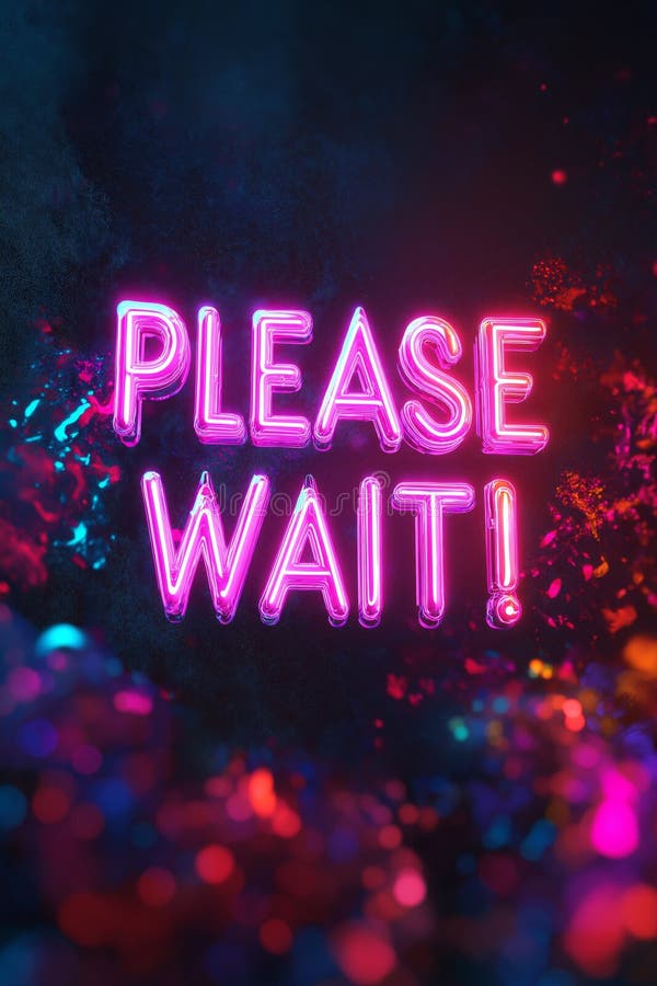 Please Wait! Neon Text with Glitch and Motion Blur Background Stock ...
