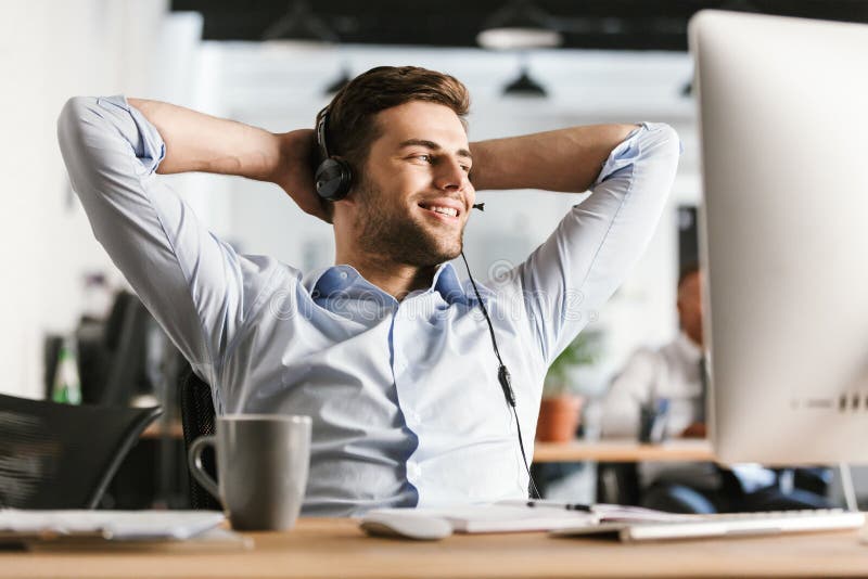 Pleased Office Manager Talking by Headset with Microphone Stock Image ...
