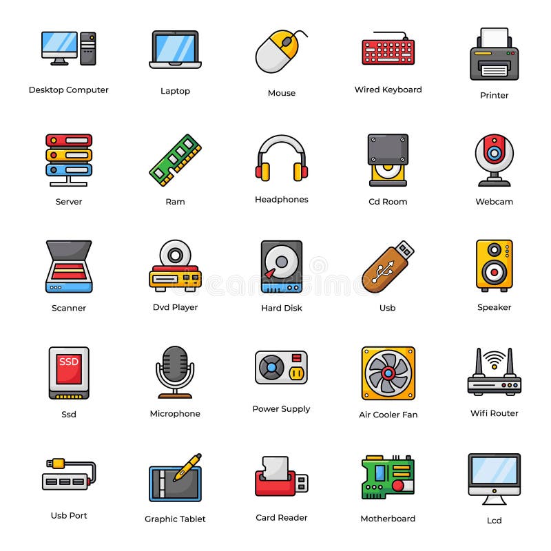 Computer Hardware Devices Flat Vectors Pack Stock Vector - Illustration ...