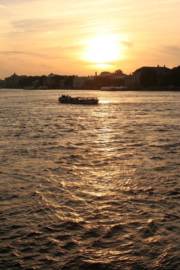 Pleasure Boat Floats on the River at Sunset Stock Photo - Image of ...